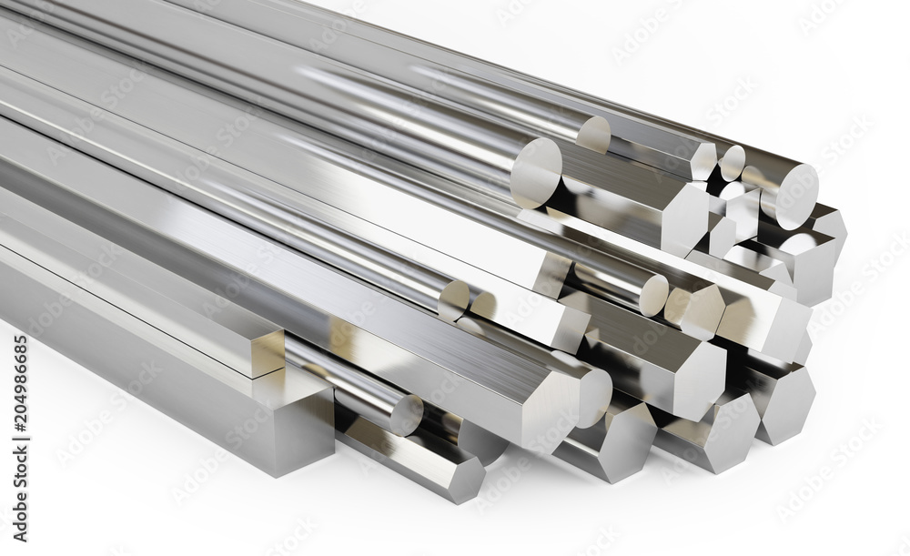 Set of steel rods of different types. Round, square, hexagonal rolled ...