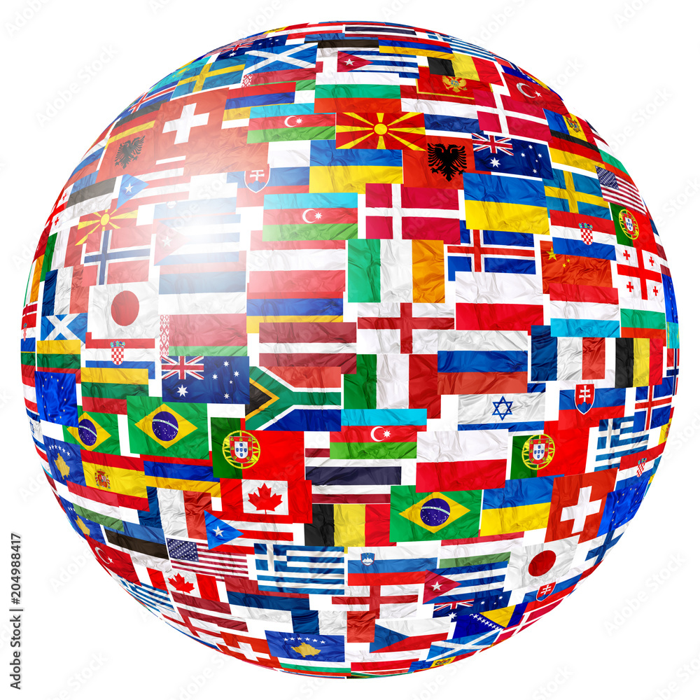 Flags of world countries and in sphere globe shape on white background ...