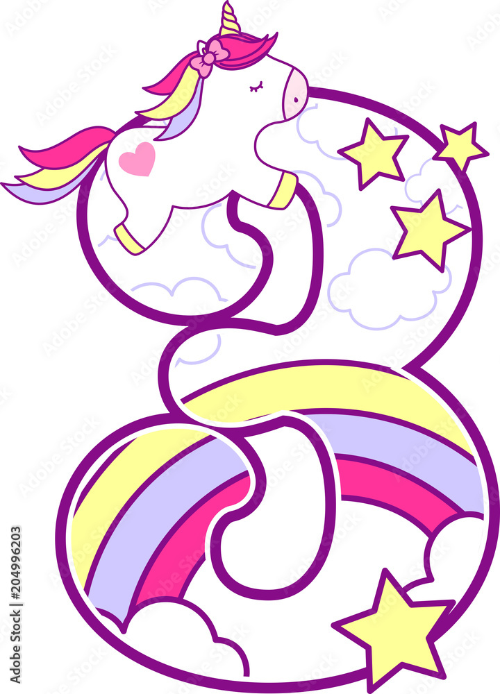number 3 with cute unicorn and rainbow. can be used for baby birth ...