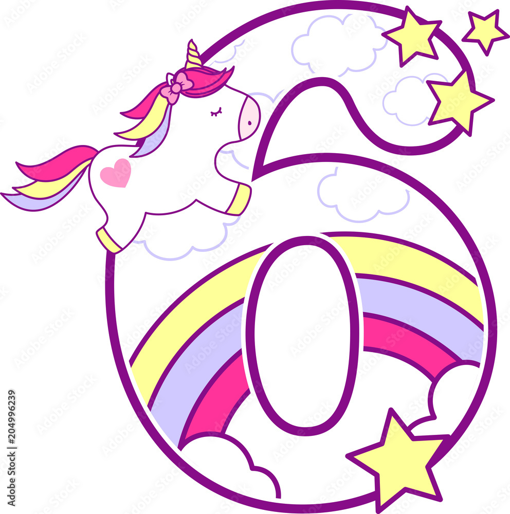 number 6 with cute unicorn and rainbow. can be used for baby birth ...