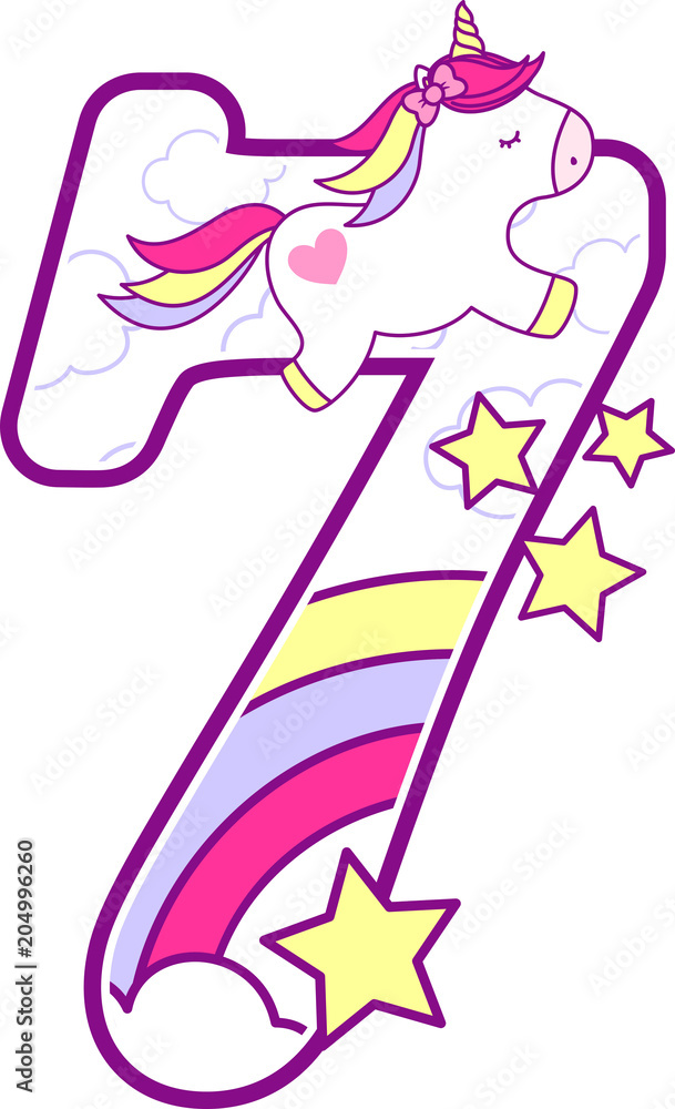 number 7 with cute unicorn and rainbow. can be used for baby birth ...
