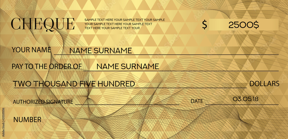 Gold Check (cheque), Chequebook template. Guilloche pattern with ...