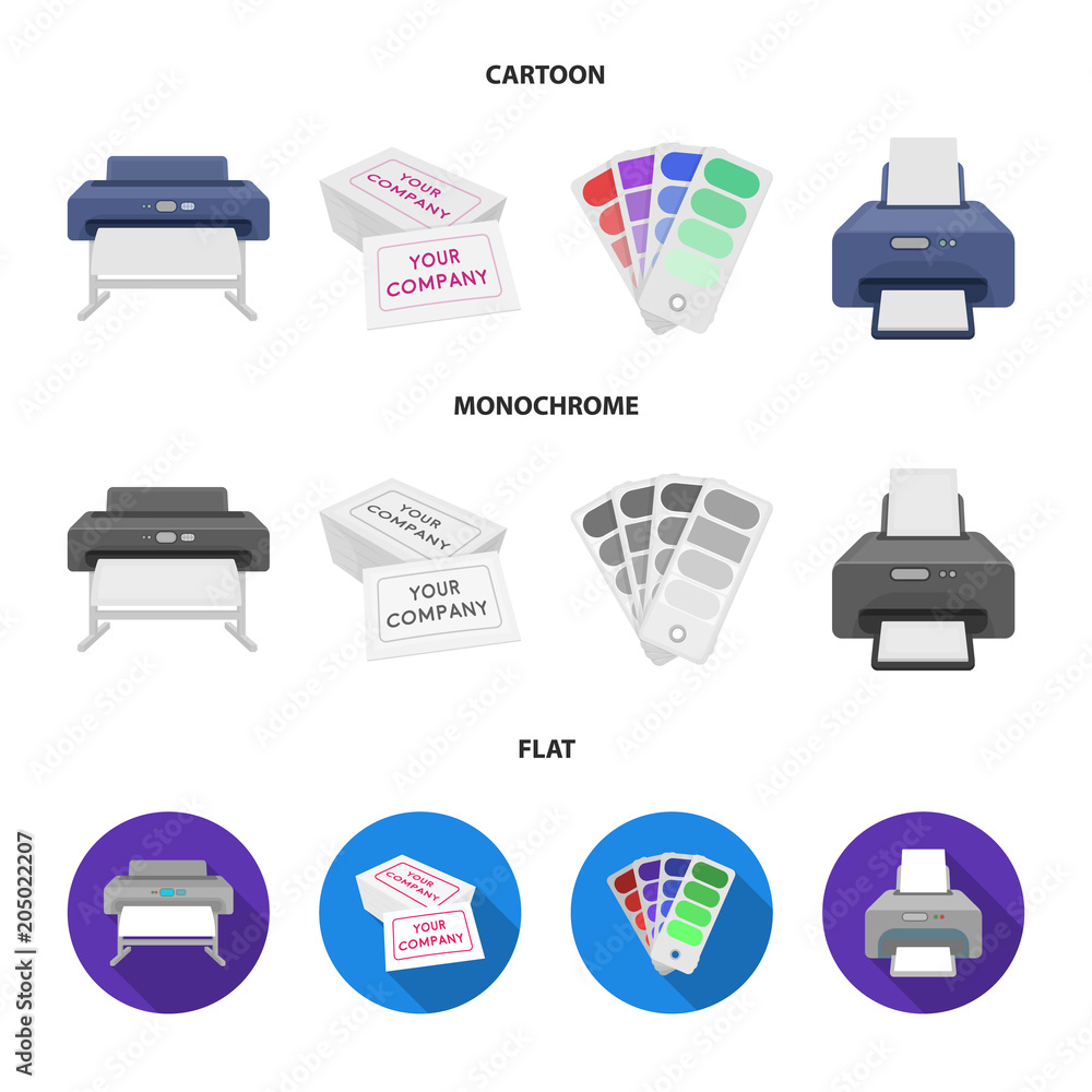 Printer, credit card, color palette.Typography set collection icons in ...