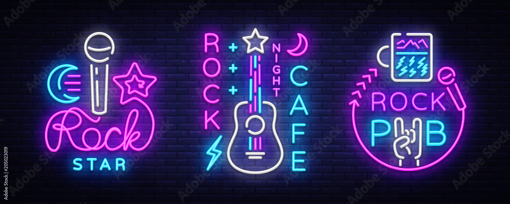 Rock Music collection Neon Logos Vector. Rock Pub, Cafe, Rock Star Neon ...