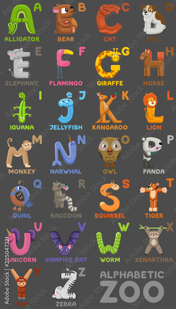 Zoo alphabet. Animal alphabet. Letters from A to Z. Cartoon cute ...