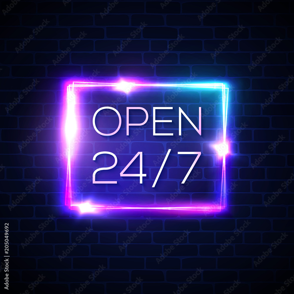 Open sign 24 7 hours. Neon light rectangle round the clock store frame ...