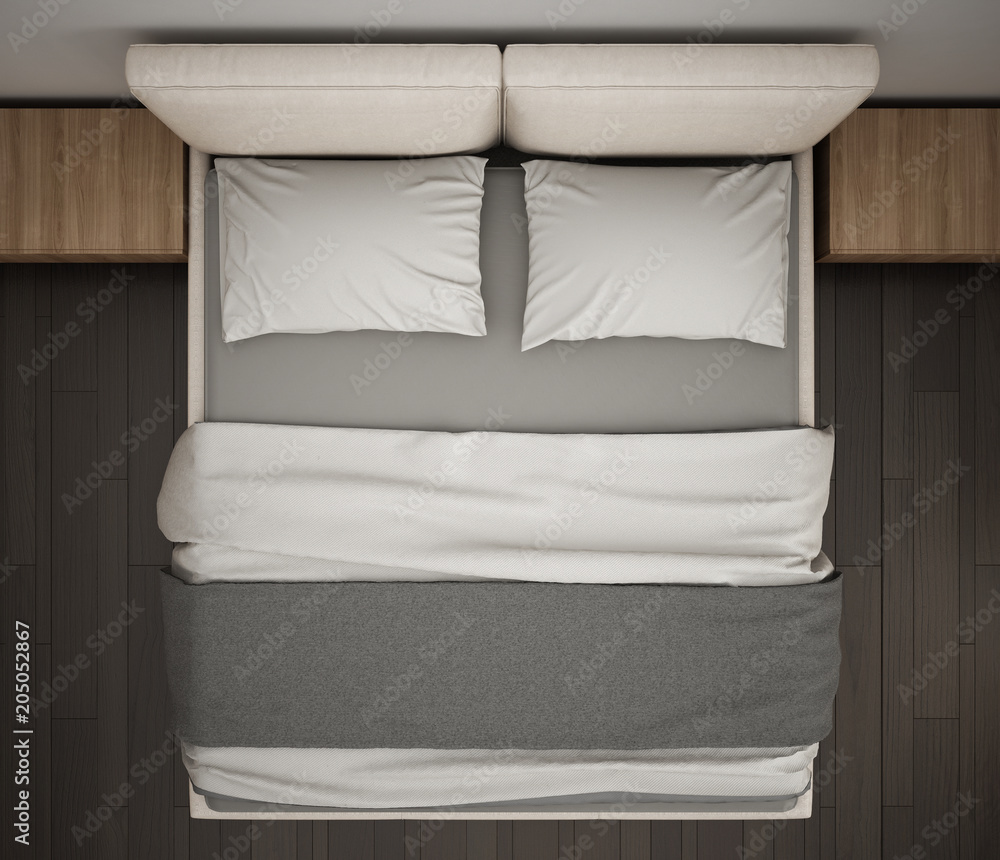 Modern bedroom, top view, closeup on double gray and cream bed, parquet ...