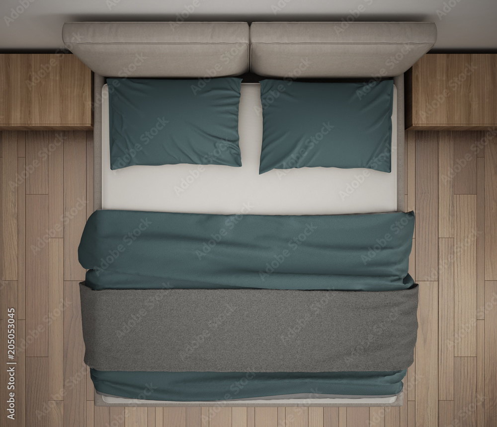 Modern bedroom, top view, closeup on double gray and blue bed, parquet ...
