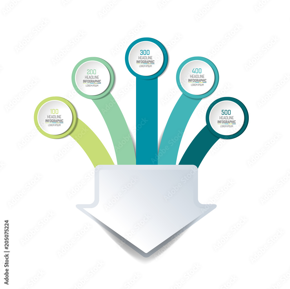5 arrows merging into one point. Infographics chart, scheme. Stock ...