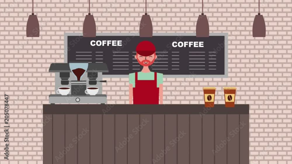 coffee shop barista working bar counter machine beverage and menu ...