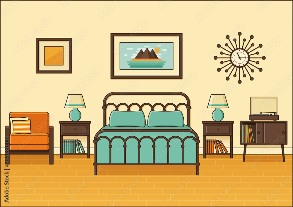 Bedroom interior. Hotel room. Vector. Home retro space in flat design ...