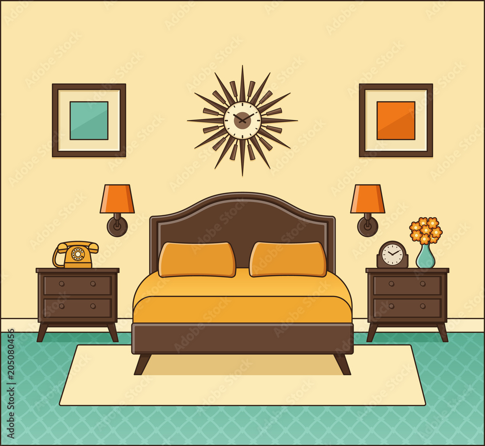 Bedroom interior. Hotel room. Vector. Home retro space in flat design ...