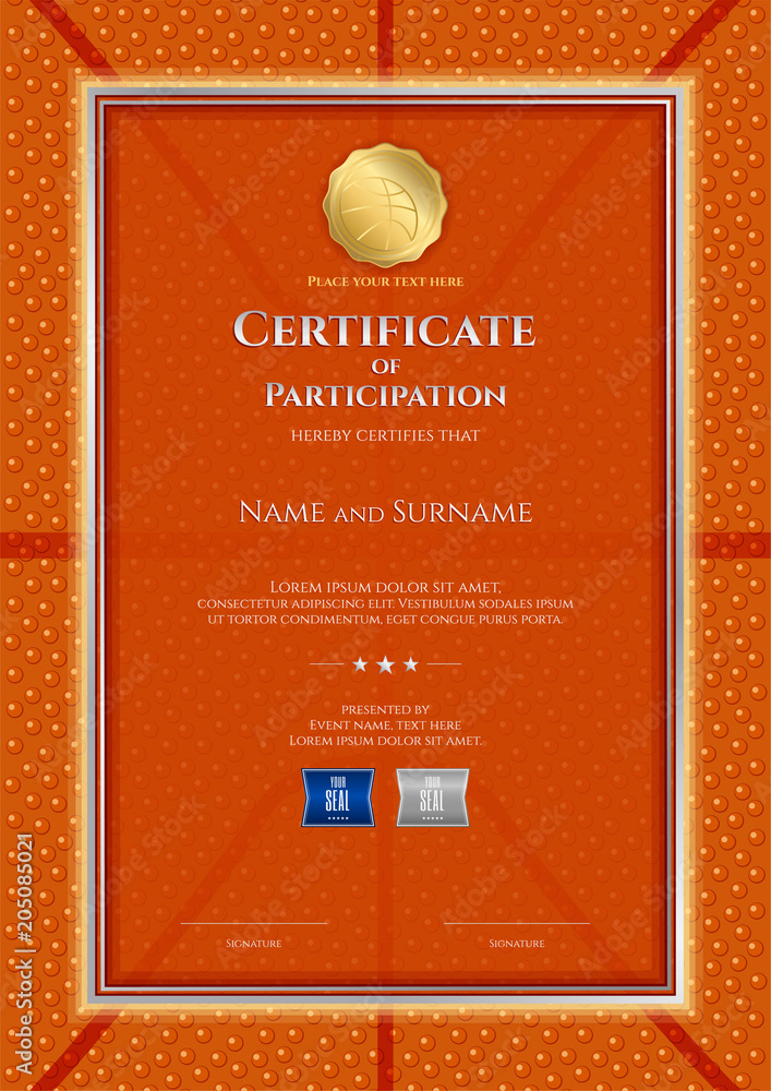 Portrait certificate template in basketball sport theme with ball ...