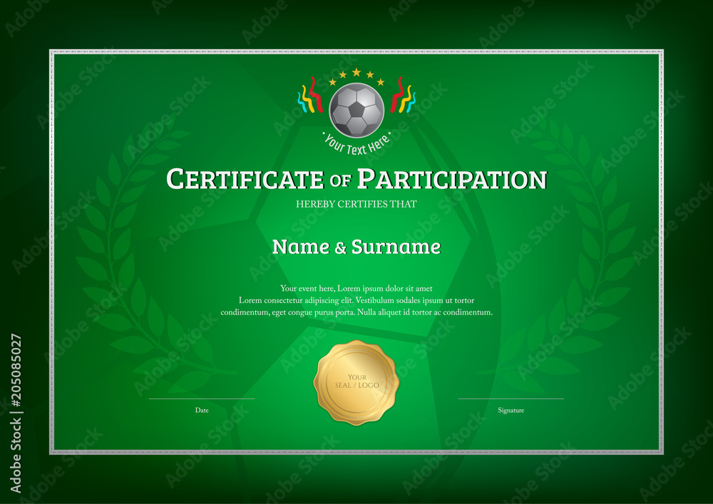 Certificate template in football sport theme with green background ...