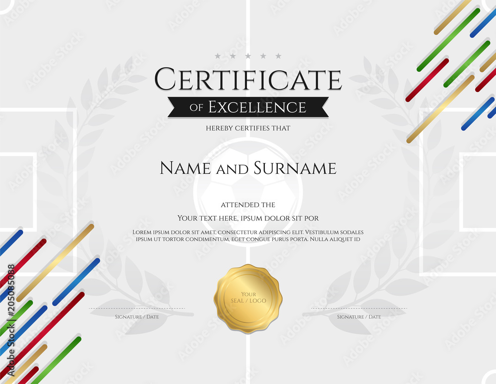 Certificate template in football sport theme with sport color stripe ...