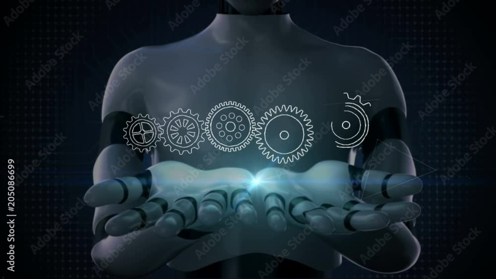 Robot, cyborg opens two palms, Drawing business concept with gear wheel ...