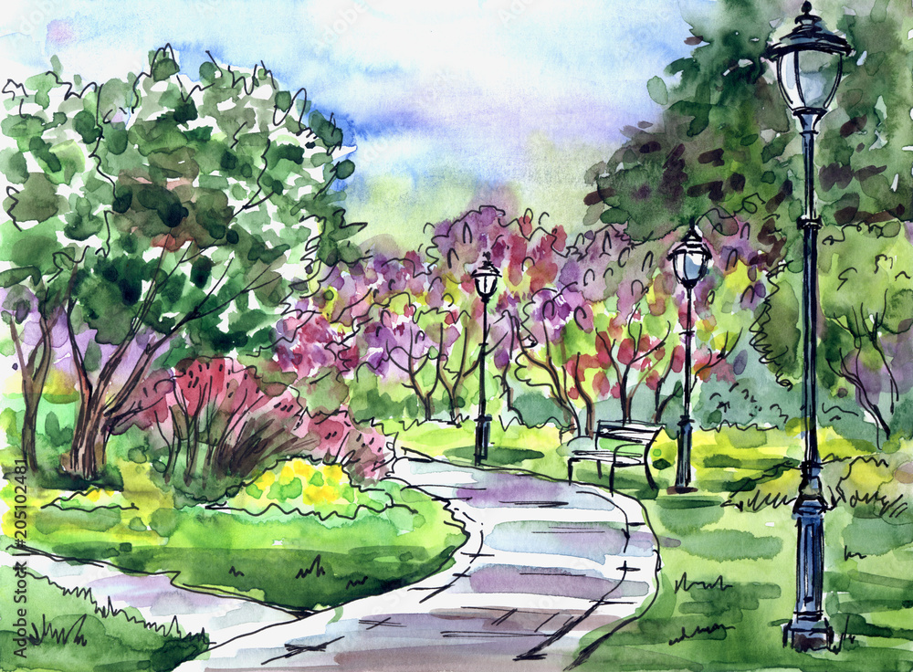 Park lilac garden, watercolor illustration. Landscape of the park with ...