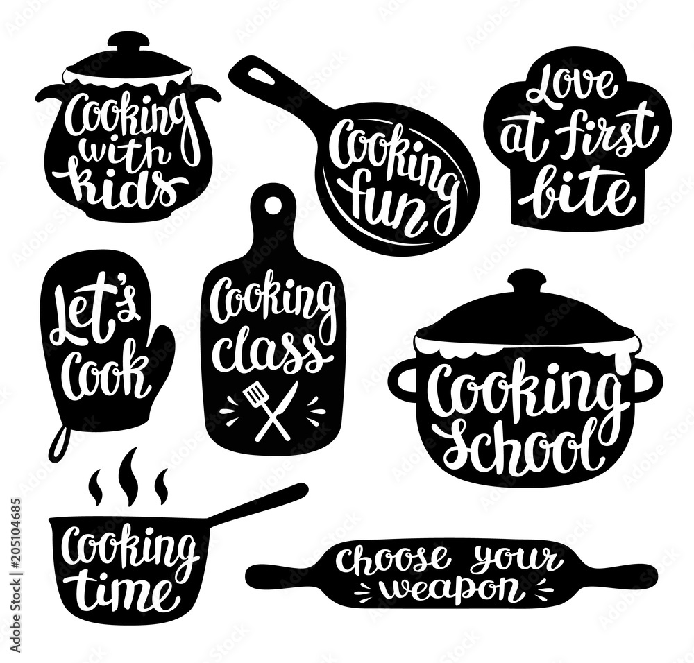 Collection of cooking label or logo. Hand written lettering ...