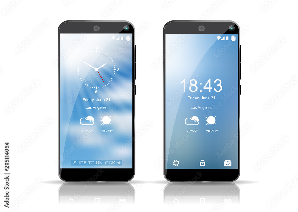 Two Smartphones showing Weather screensaver on blue sky wallpaper. Well ...