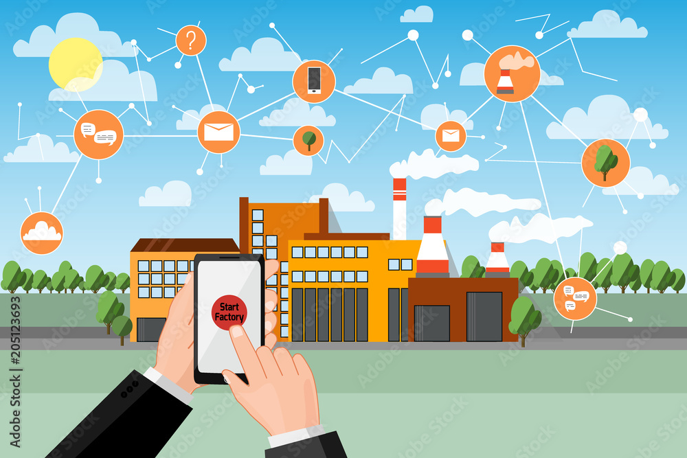 Start smart factory. Phone in hands starts and manage huge plant with ...