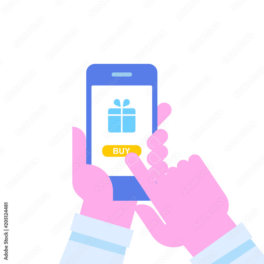 Mobile Shopping. Human hand using mobile phone for purchase. Flat ...