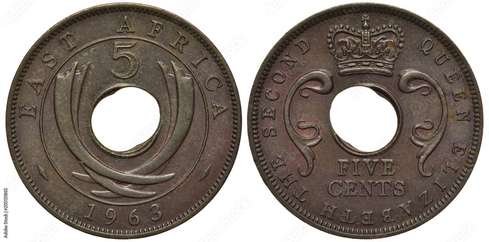 British East Africa coin five cents 1963, offset center hole, tusks at ...