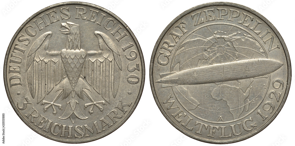 Germany, German Weimar Republic coin three marks 1929, count Zeppelin ...