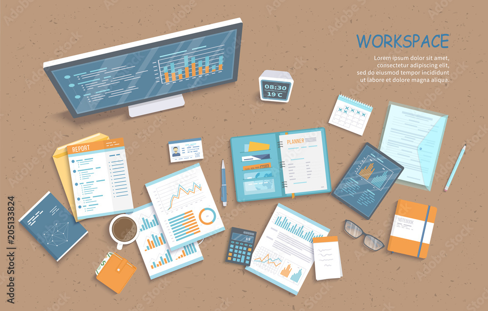 Top view of office table, supplies, documents, notepad, folder, tablet ...