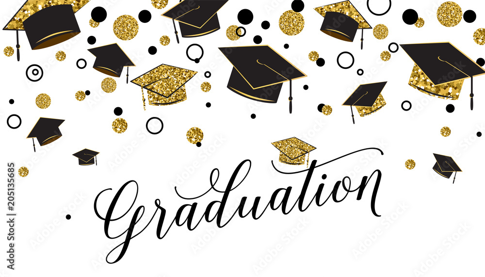Graduation word with graduate cap, black and gold color, glitter dots ...