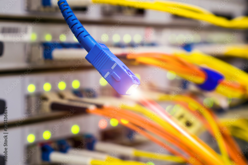 Fiber optic Patch-Cord is shown close-up in the server room of the data ...