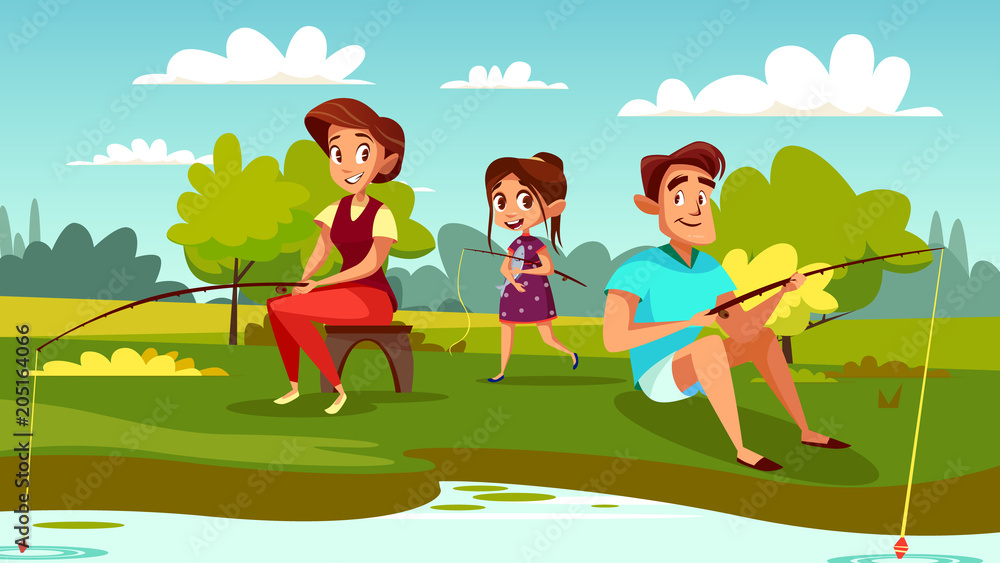 Family fishing vector illustration of mother, father and daughter on ...