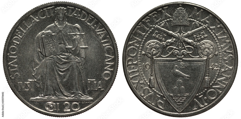 Vatican city coin twenty centesimo 1942, ruler Pius XII, allegorical ...