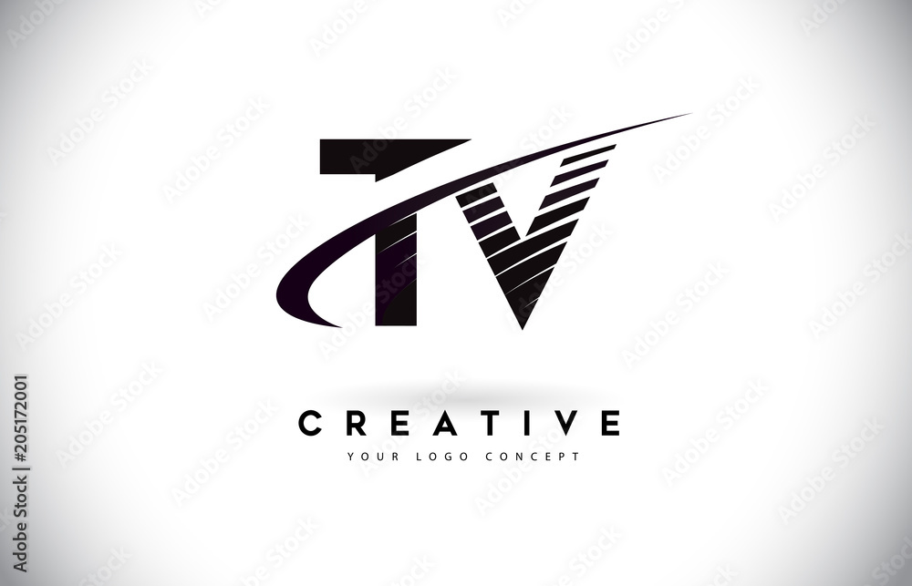 TV T V Letter Logo Design with Swoosh and Black Lines. Stock Vector ...