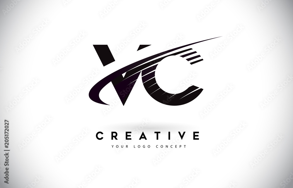 VC V C Letter Logo Design with Swoosh and Black Lines. Stock Vector ...
