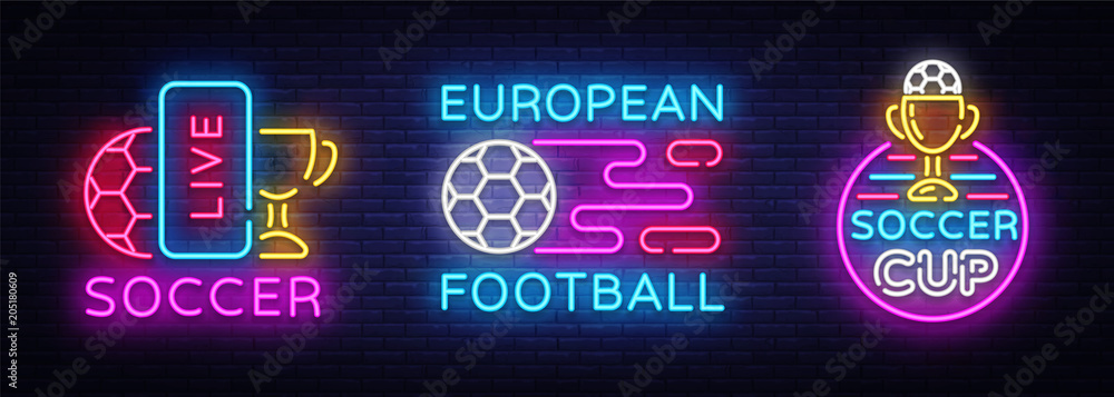 Soccer collection Neon Signs Vector. Football set Logos neon, design ...