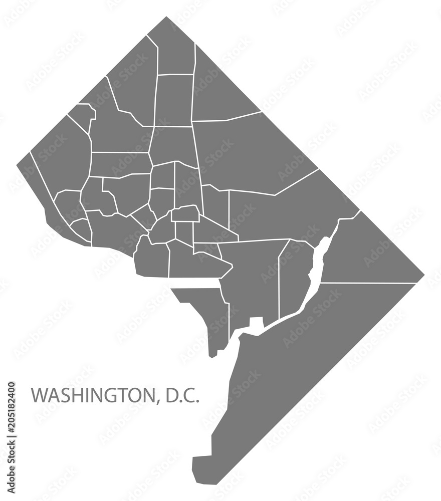 Washington DC city map with neighborhoods grey illustration silhouette ...