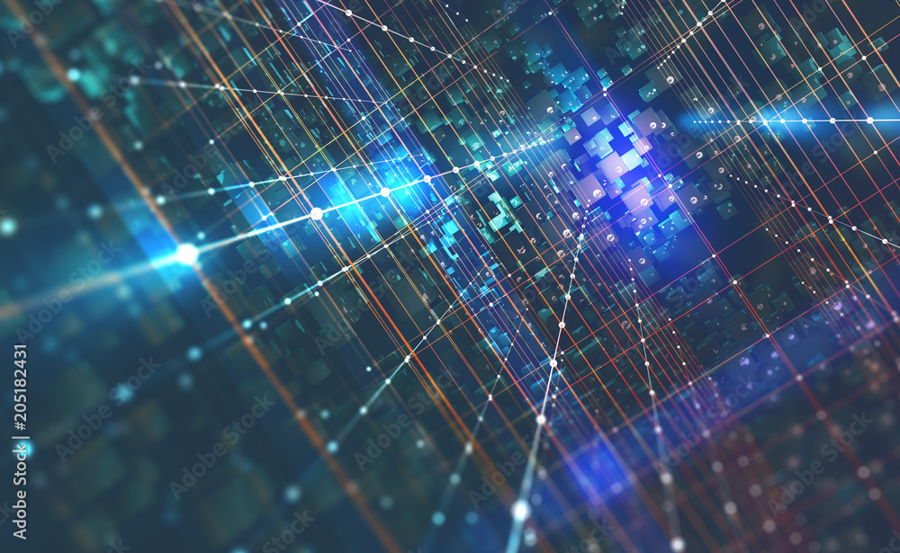Abstract tech background 3D illustration. Quantum computer architecture ...