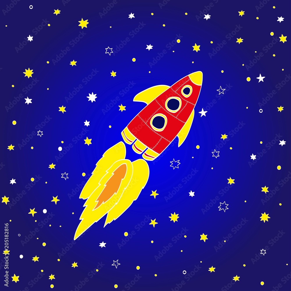 Cartoon rocket on space background, vector illustration. Stock Vector ...