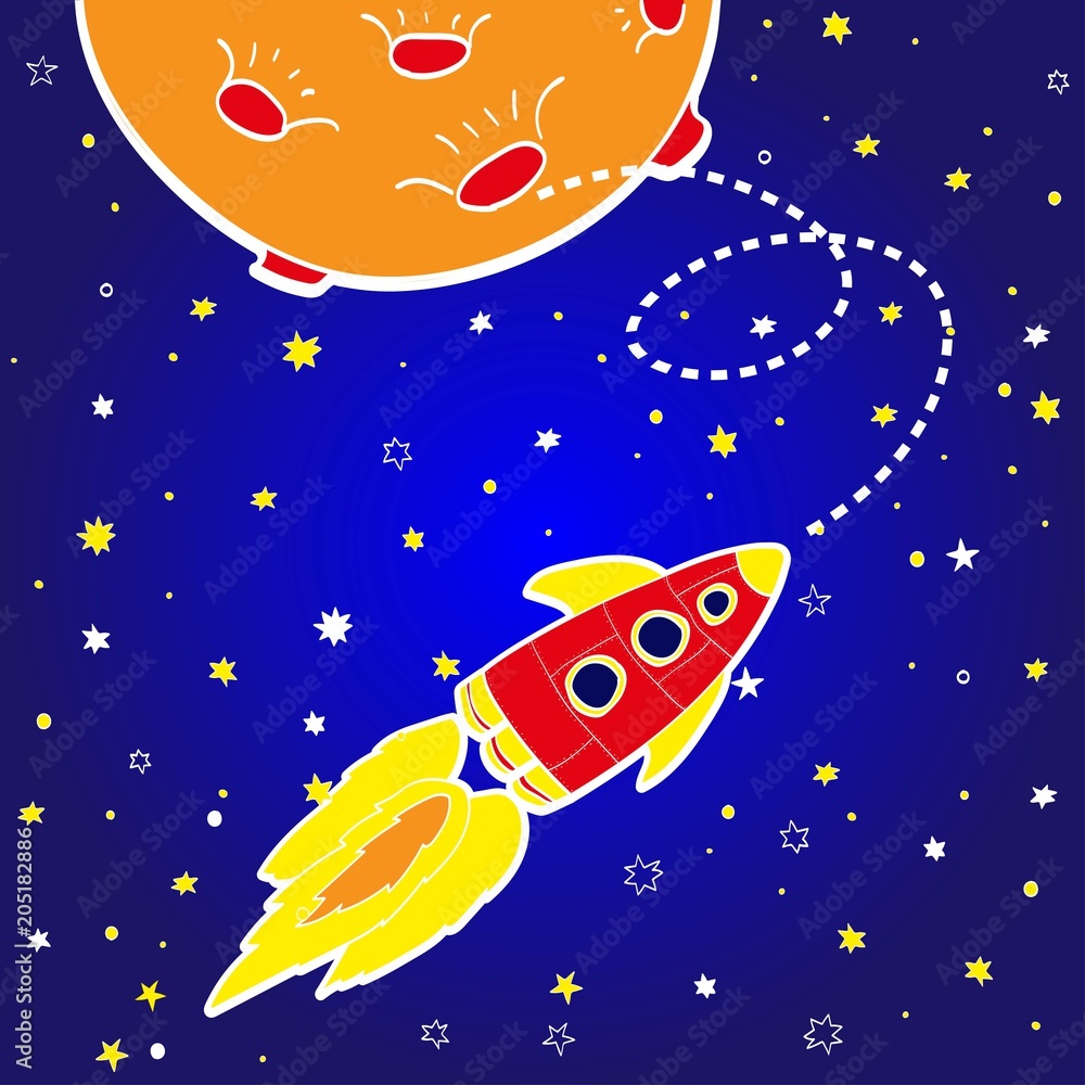 Cartoon rocket on space background, vector illustration. Stock Vector ...