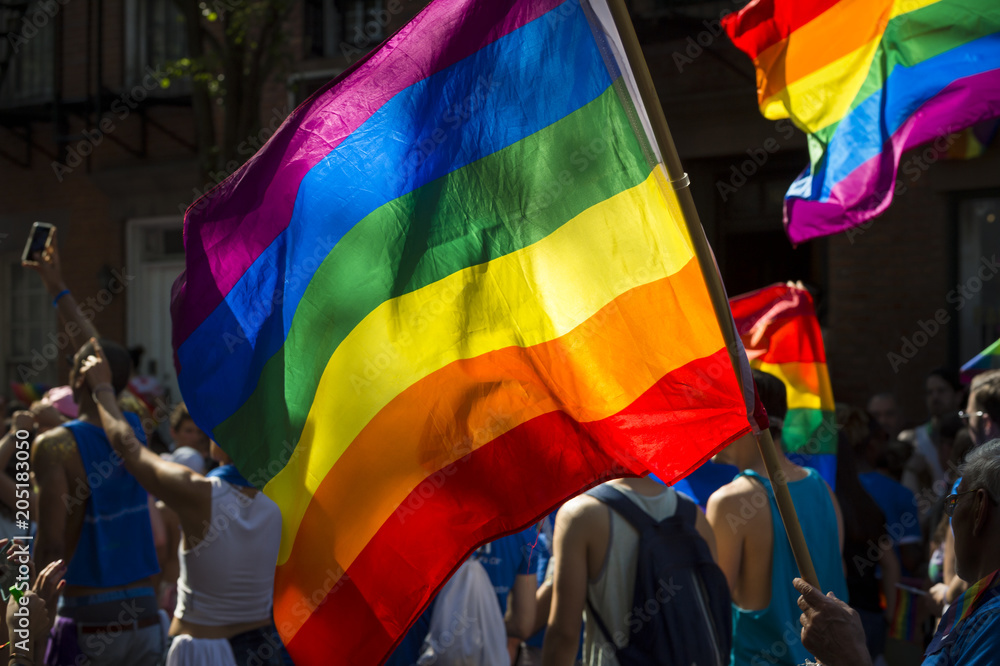 People with rainbows flags in the annual Gay Pride Parade as it passes ...