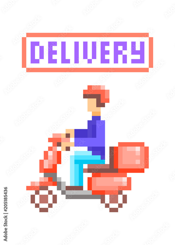 Vecteur Stock Delivery man driving red motorcycle scooter, pixel art ...