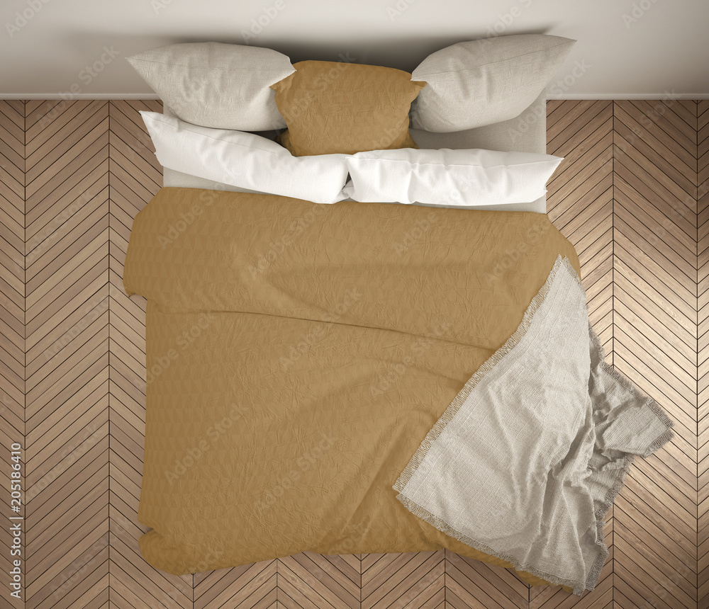 Scandinavian classic bedroom, top view, closeup on double white and ...