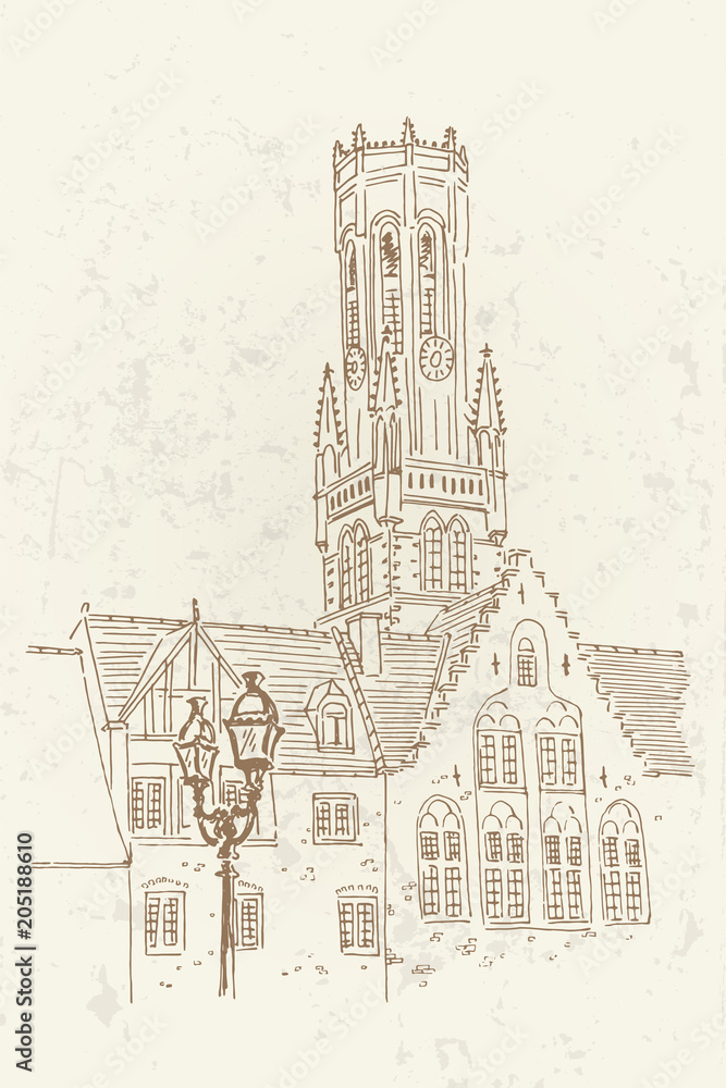 Vector sketch of Belfort van Brugge - famouse 12th-century belfry ...