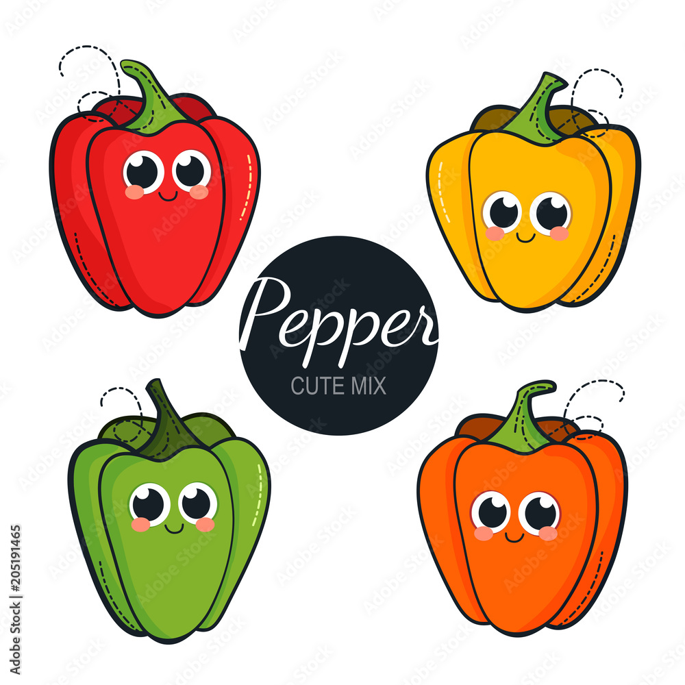 Cute character pepper isolated on white background. Cartoon red, yellow ...