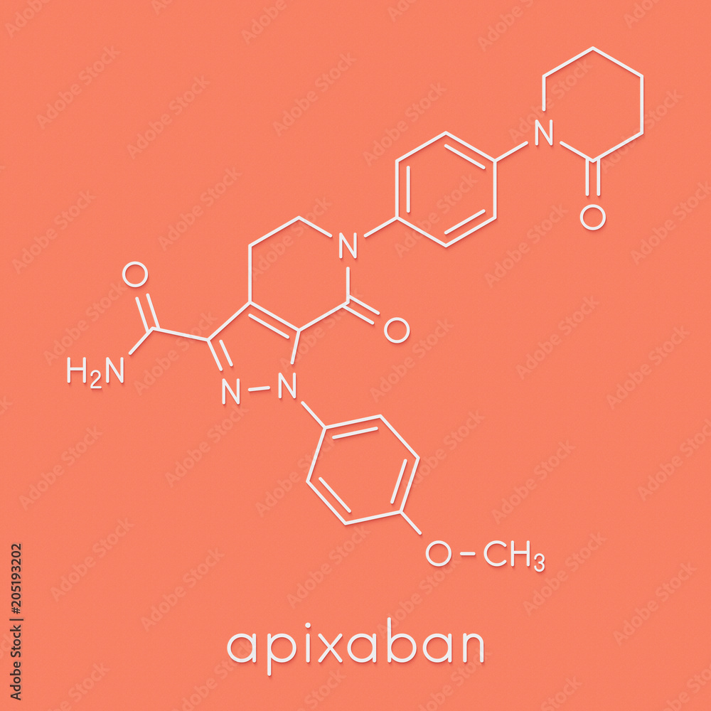 Apixaban anticoagulant drug molecule (direct FXa inhibitor). Skeletal ...
