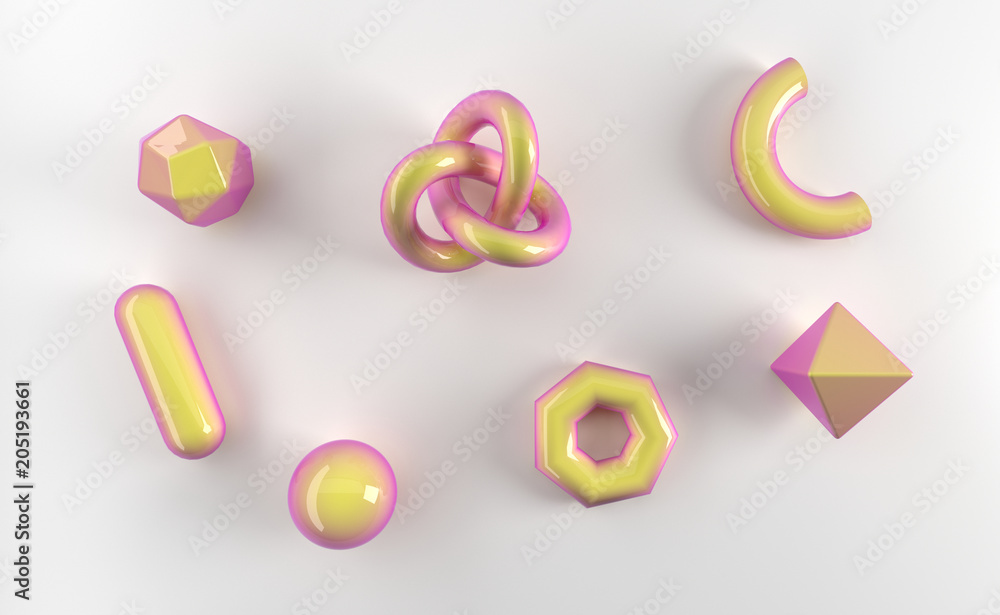 Realistic primitives on background. Spheres, torus, tubes, cones and other geometric shapes in ...