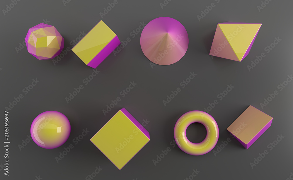 Realistic primitives on background. Spheres, torus, tubes, cones and ...