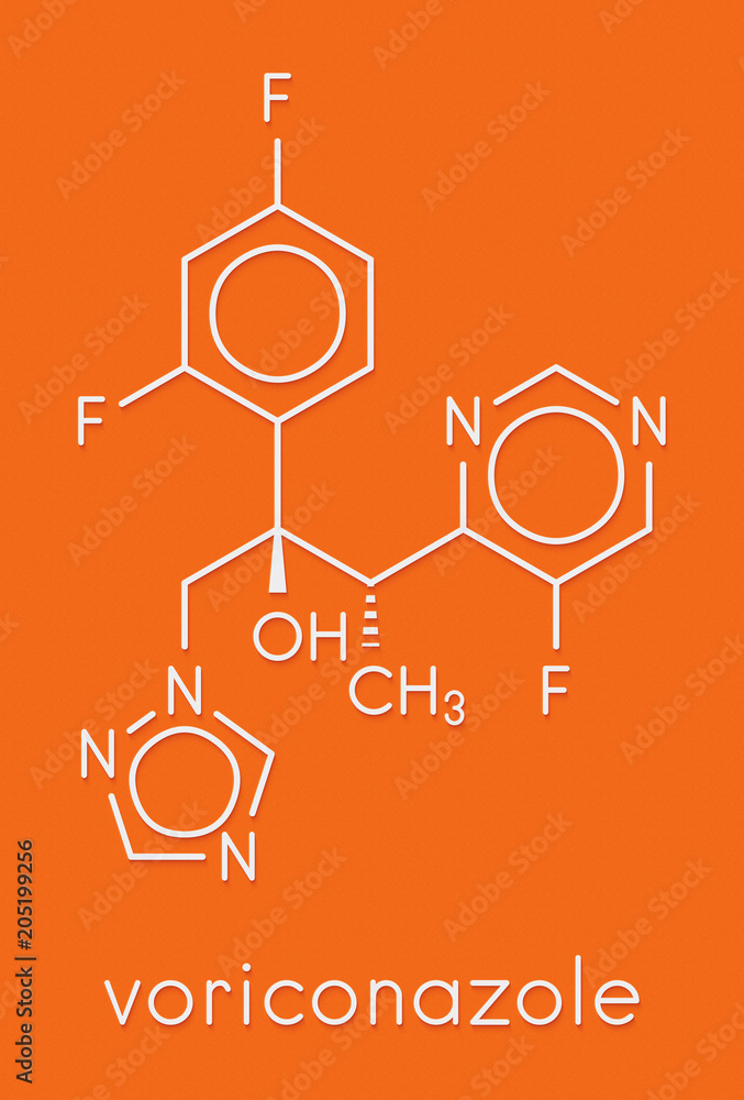 Voriconazole antifungal drug molecule (triazole class). Skeletal ...