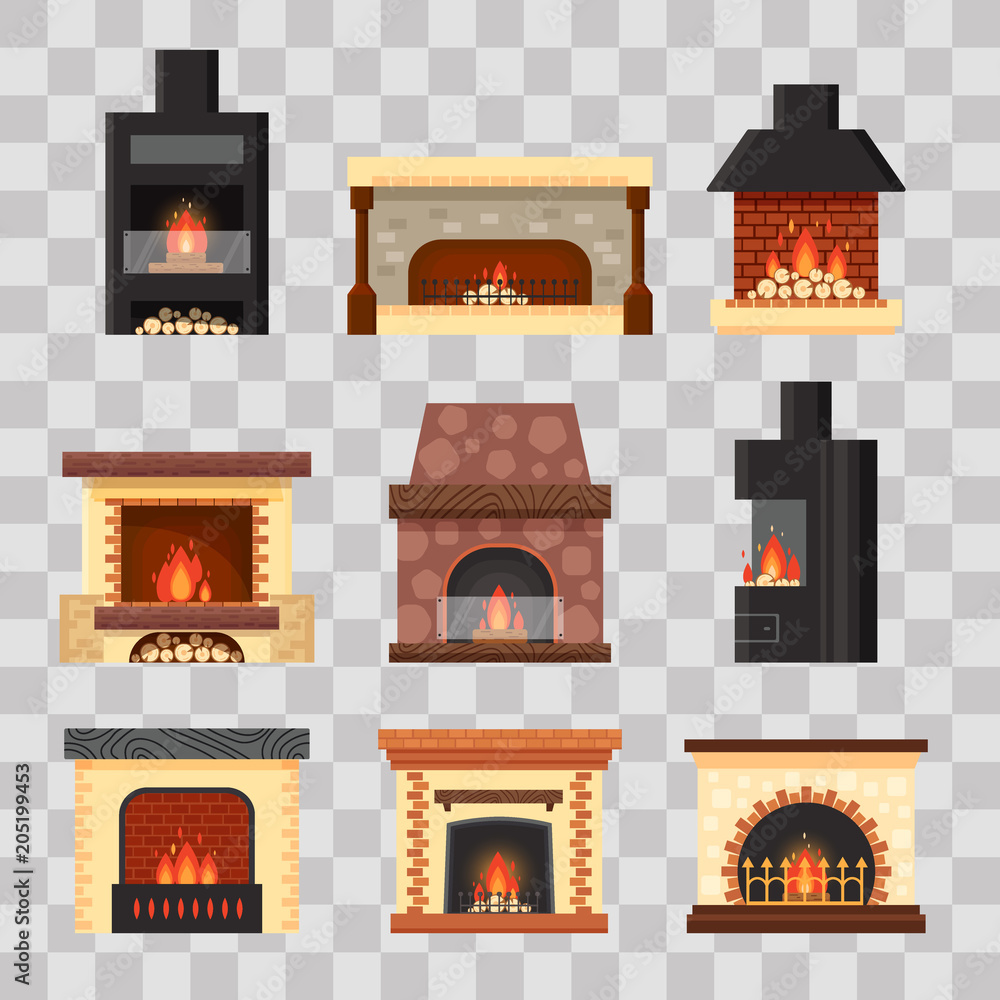 Vector set different colorful home fireplaces with fire and firewood on ...
