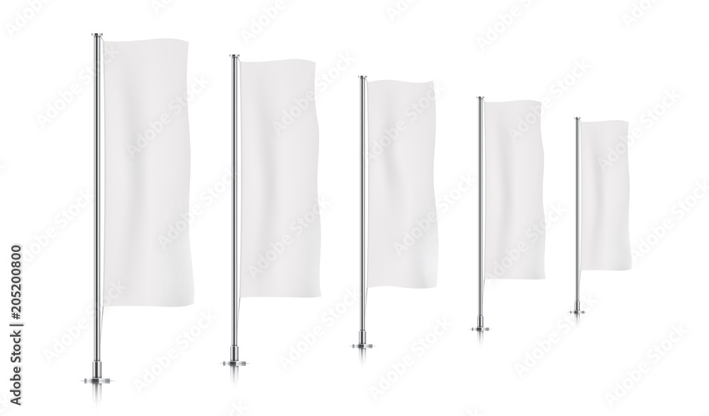 Five white vertical banner flags, standing in a perspective row. Banner ...